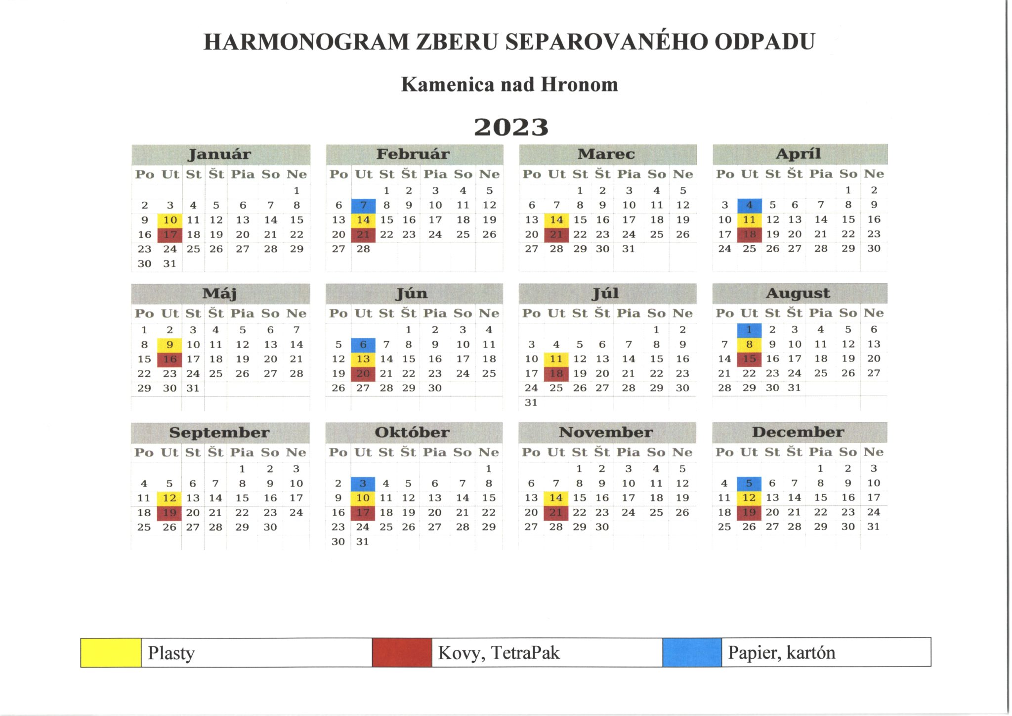 Harmonogram zberu separovaného odpadu 2023 – Kamenica Nad Hronom | Garamkövesd község